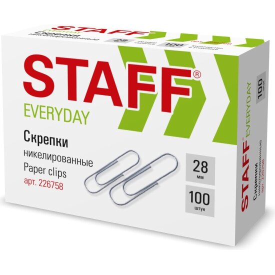 Скрепки Staff "EVERYDAY", 28 мм, никелированные, 100 шт, в картонной коробке, 226758