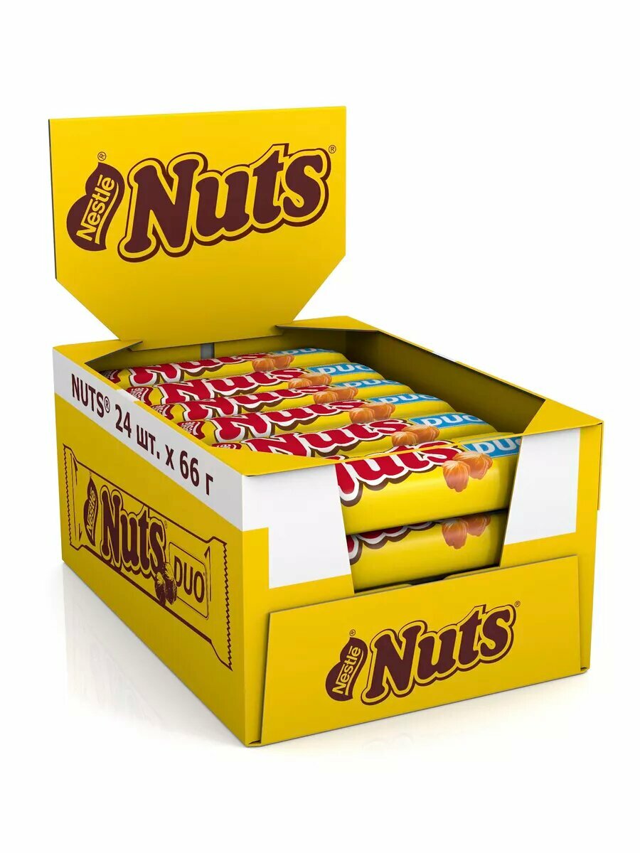 Батончик шоколадный, "Nuts Duo", с цельным фундуком, карамелью и нежной нугой, 66г 24 шт