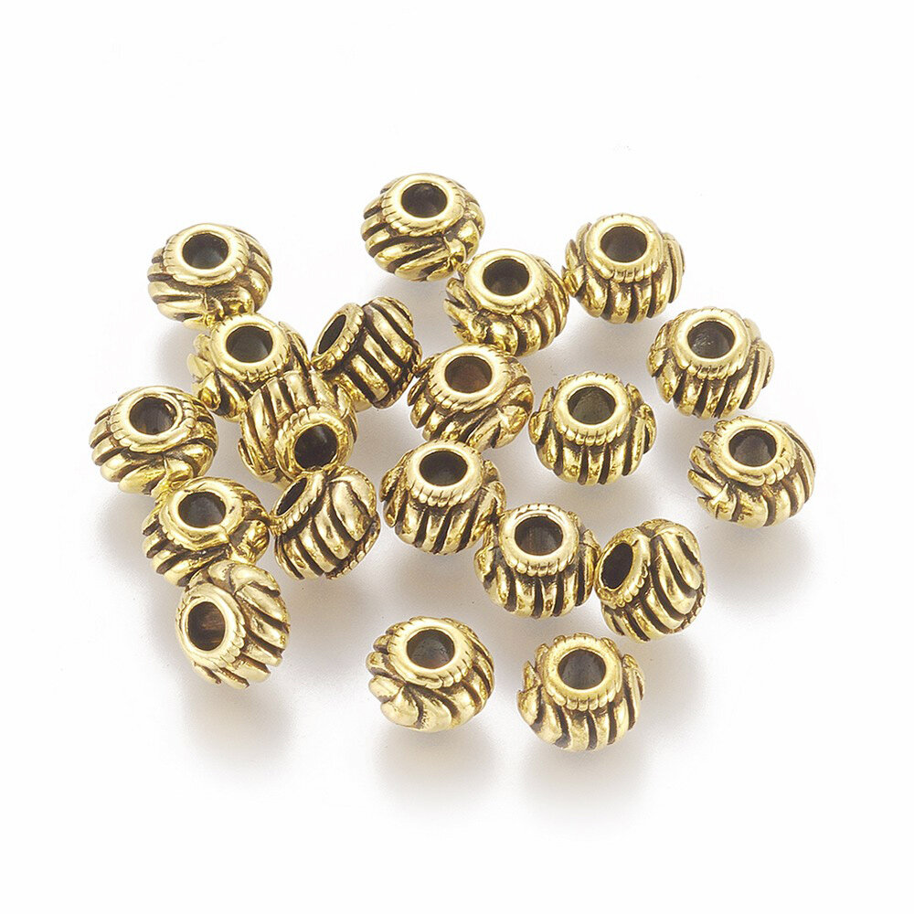 Бусина металлическая, 6х4.4мм, рондель фонарик, базовый материал - цинковый сплав, золотистого цвета с чернением, 5 грамм