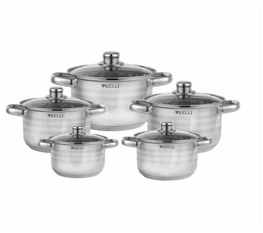 KELLI KL-4296, Посуда из 10 предметов: 2л; 2,5л; 3,5л; 4,5л; 5,5л, стеклянные крышки