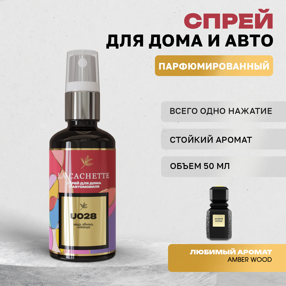 Парфюм для авто и дома La Cachette U028 Amber wood, 50 мл спрей