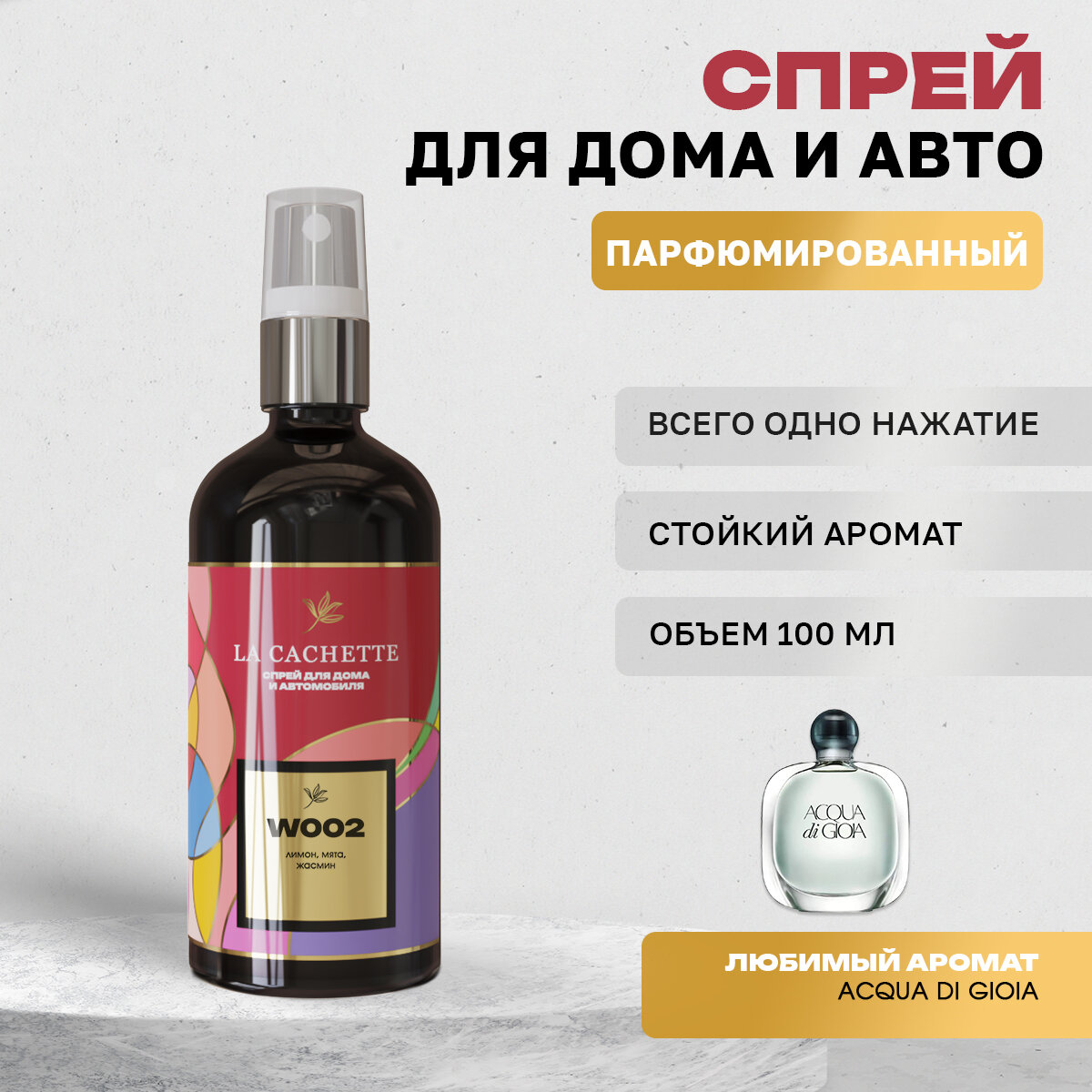 Парфюм для авто и дома La Cachette W002 Acqua di Gioia, 100 мл спрей
