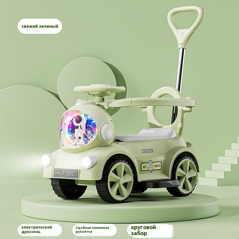 Детская машинка толокар-каталка с родительской ручкой-Bluetooth плеер + толкающий экран + свет музыка , Зелёный