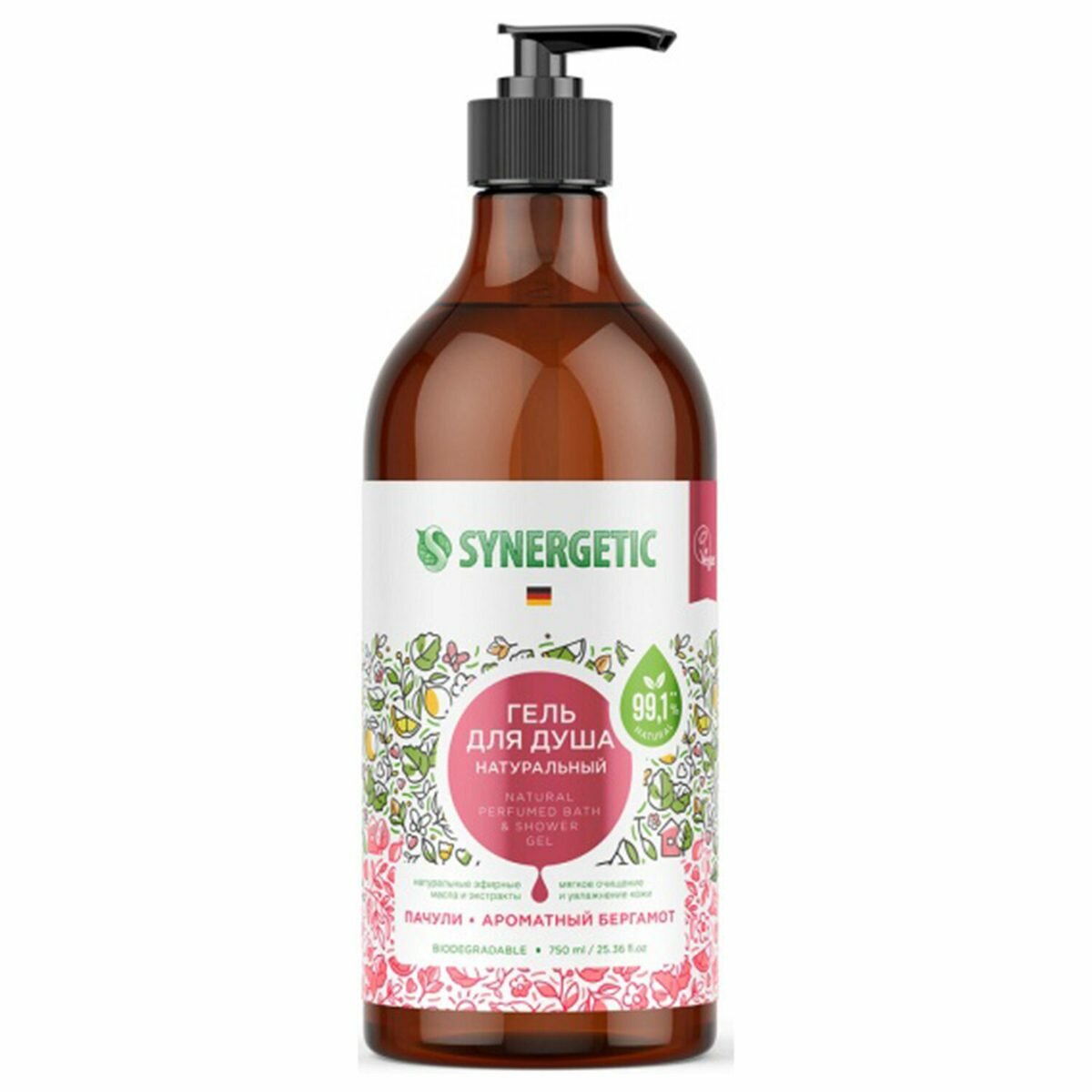 Гель для душа Synergetic "Пачули и ароматный бергамот", биоразлагаемый, 750мл, 6шт. (400009)