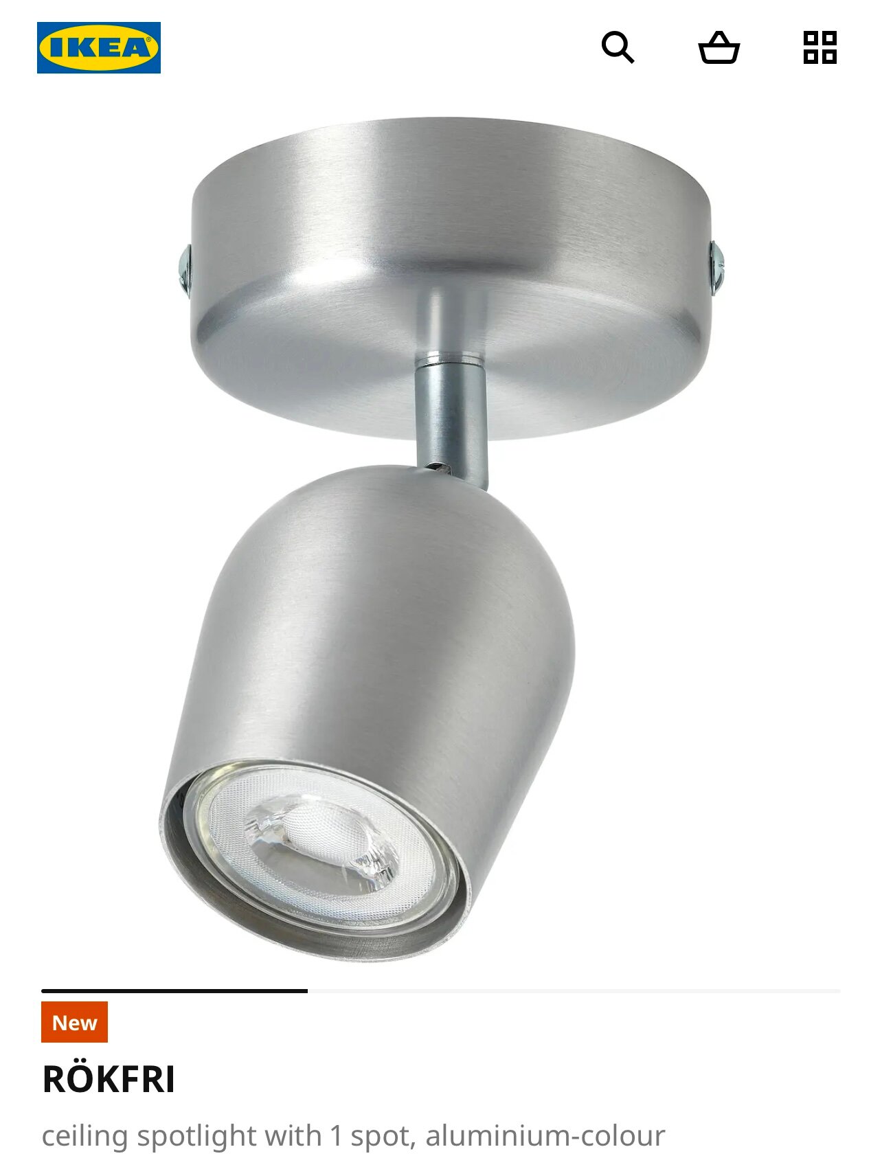 Потолочный прожектор RÖKFRI , один спот , алюминиевый цвет, сталь
