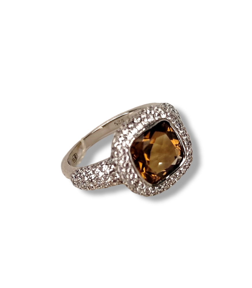 Кольцо, серебро, 925 проба, родирование, цитрин, циркон