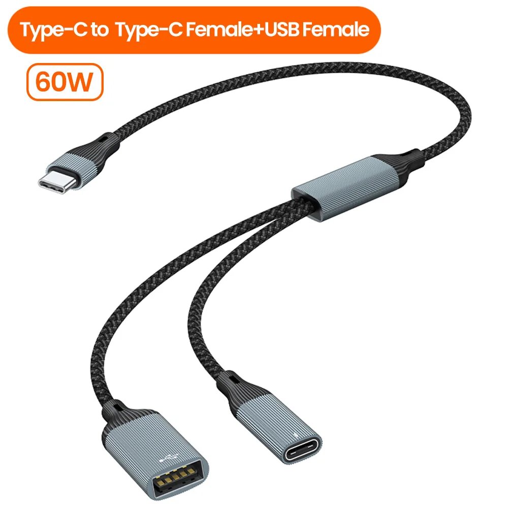 PD 60 Вт USB C Многопортовый адаптер Кабель для быстрой зарядки Type-C «папа» к USB + тип C «мама» Разветвитель OTG Разъем для передачи данных 1 C and 1 USB Female