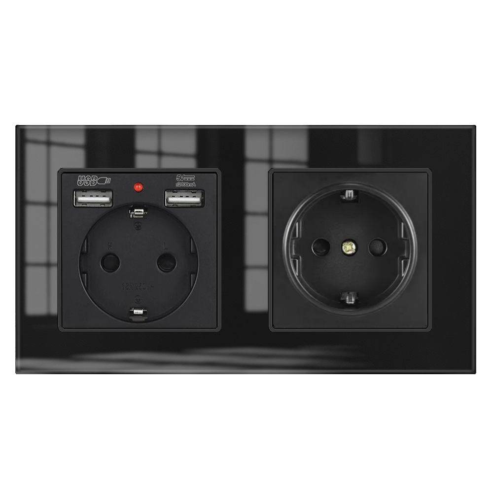 Розетка двойная с 2 USB-портами, 16А 250В, со шторками, рамка закаленное стекло, цвет чёрный