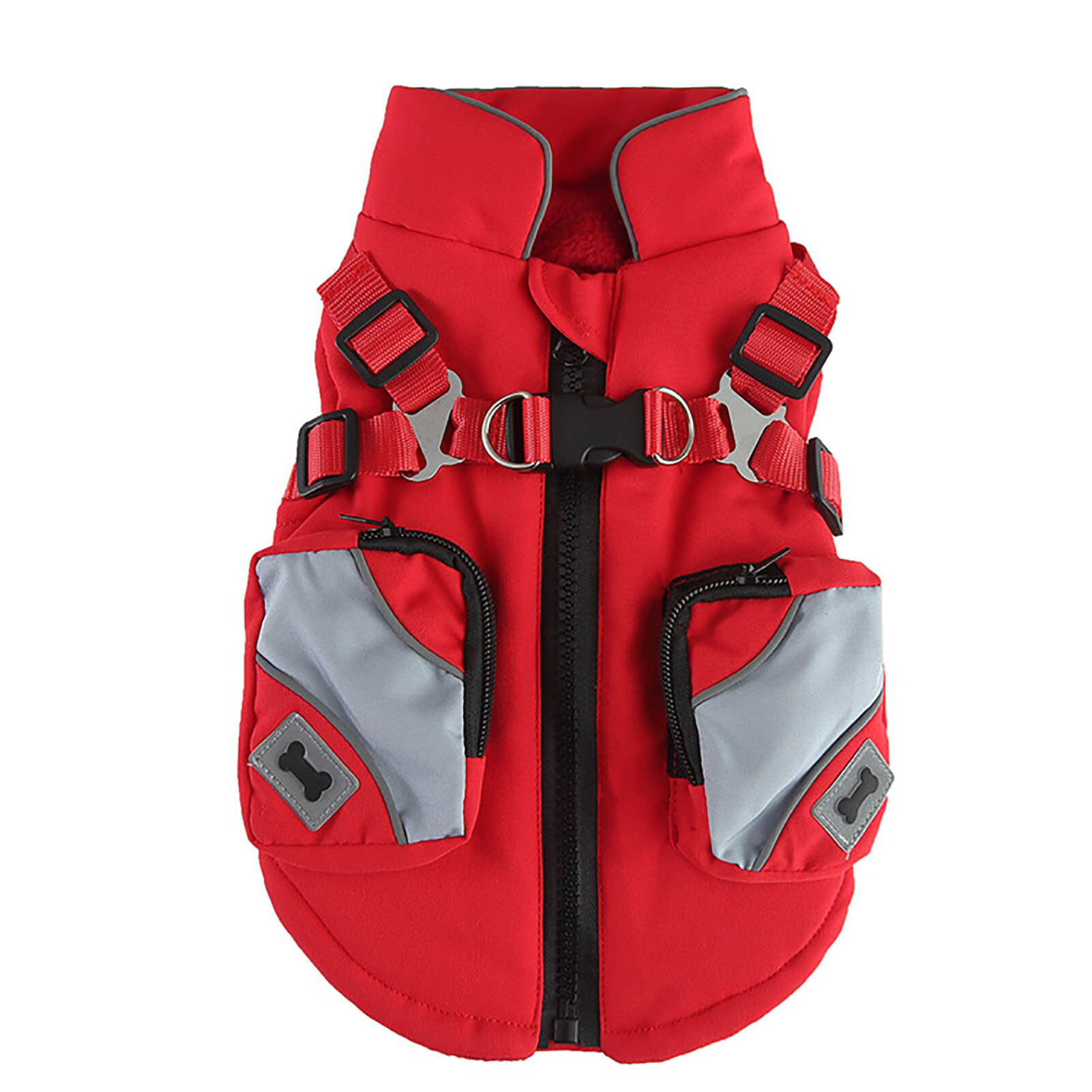 Зимняя куртка для собак, стильная, на молнии, теплая и удобная, с ремнем-шлейкой для прогулок на свежем воздухе и кемпинга, красная, размер XL.