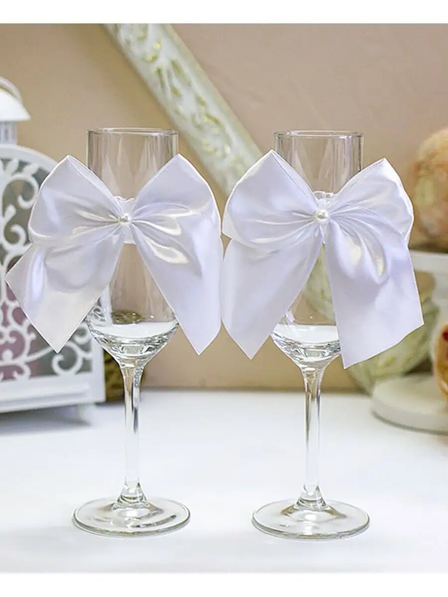 Украшение на бокалы свадебные набор 2 шт, бантики на фужеры молодоженов для свадьбы на стол жениха и невесты
