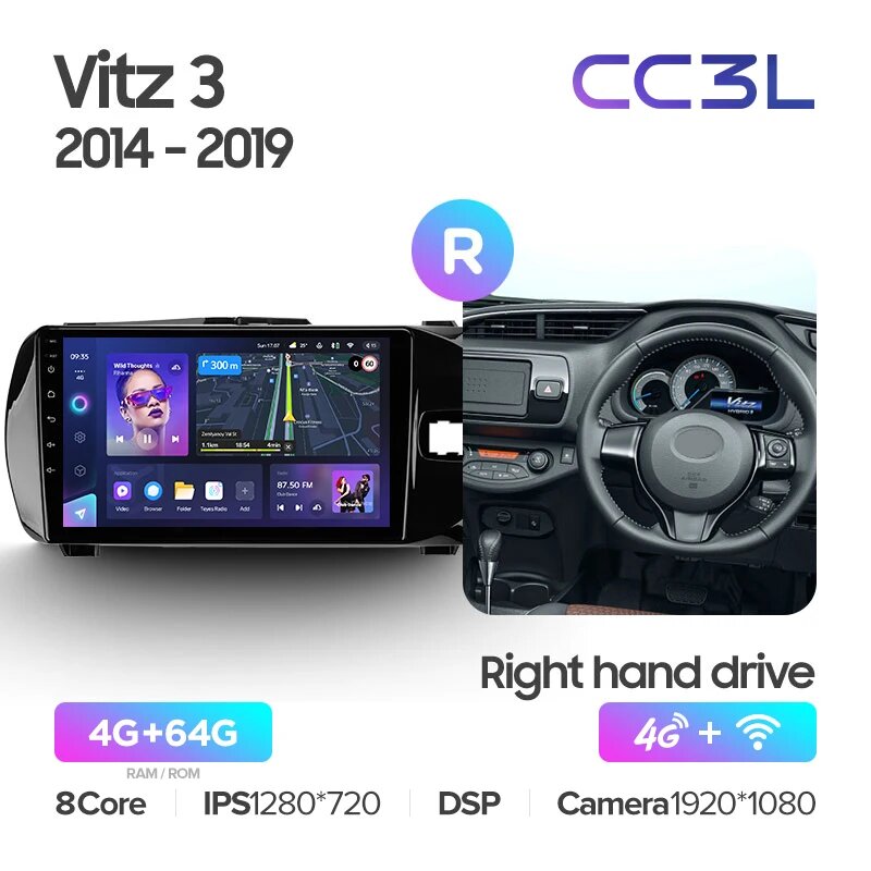 TEYES Тиайс CC3L WIFI Штатная магнитола For Тойота Витц XP130 For Toyota Vitz 3 III XP130 2014 - 2019 Right hand drive Android до 8-ЯДЕР до 4 + 64ГБ 36EQ + DSP 2DIN автомагнитола 2 DIN DVD GPS мультимедиа автомобиля Vitz 3 CC3L 64G R