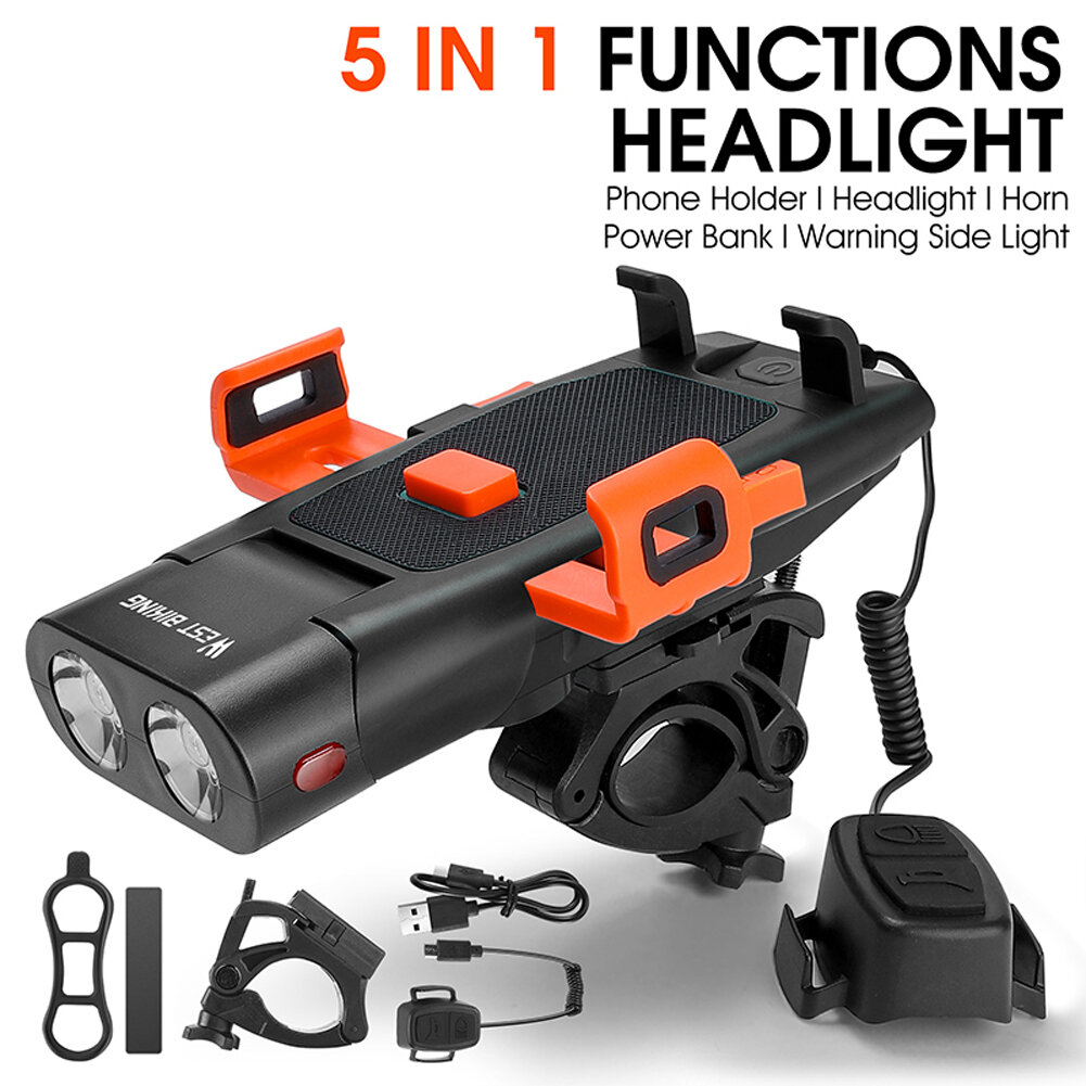 5-в-1 светодиодный передний фонарь для велосипеда, держатель для рожка, USB-фонарик с 5 звуковыми сигналами и зарядным устройством для велосипеда