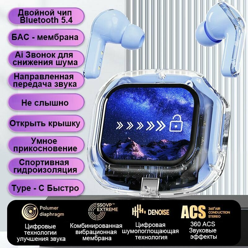 Наушники AirMAX 2026 с сенсорным цветным экраном. Прозрачный дизайн, индикатор заряда, новинка.