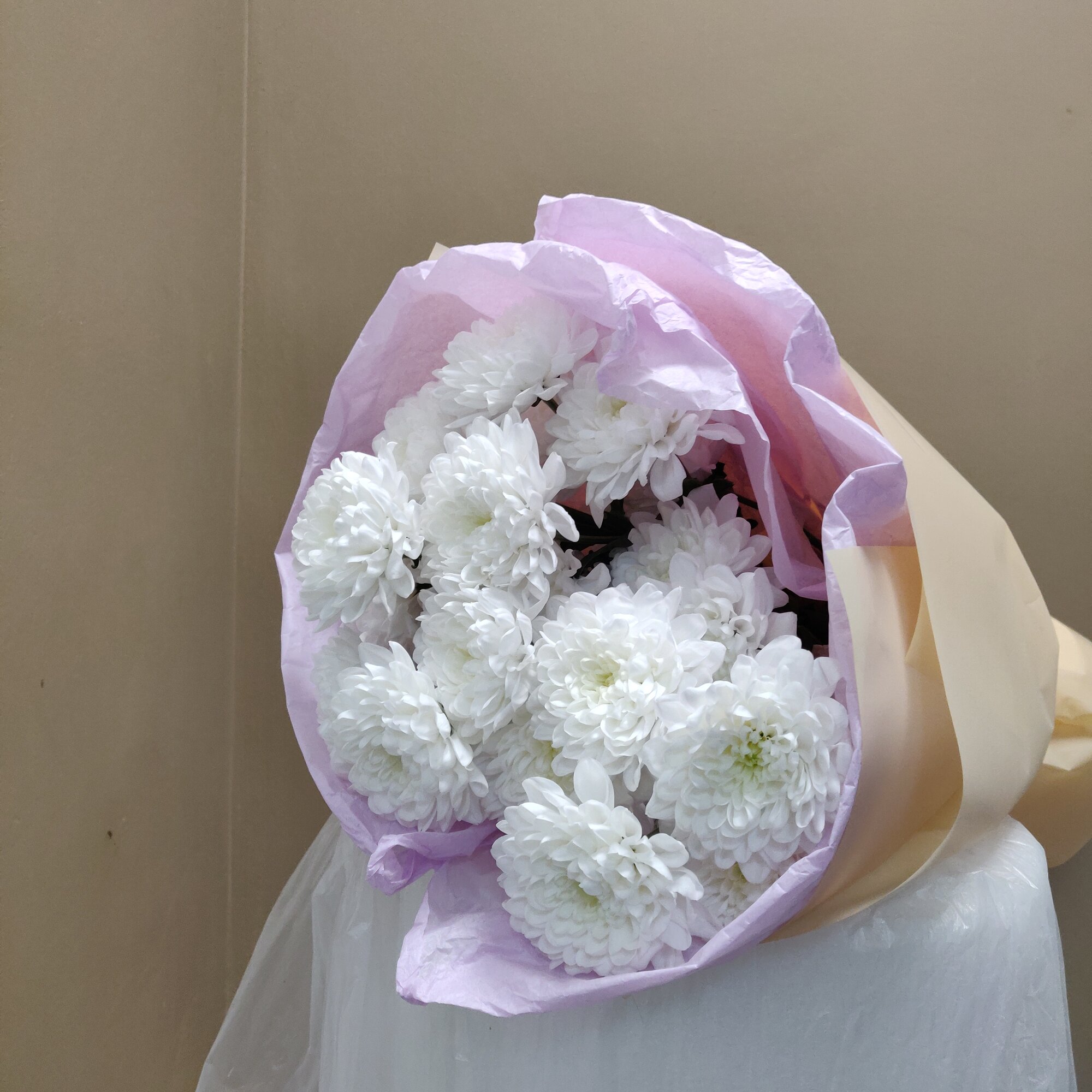 Невероятно нежные Белые хризантемы , премиум качество в эффектной круглой упаковке.