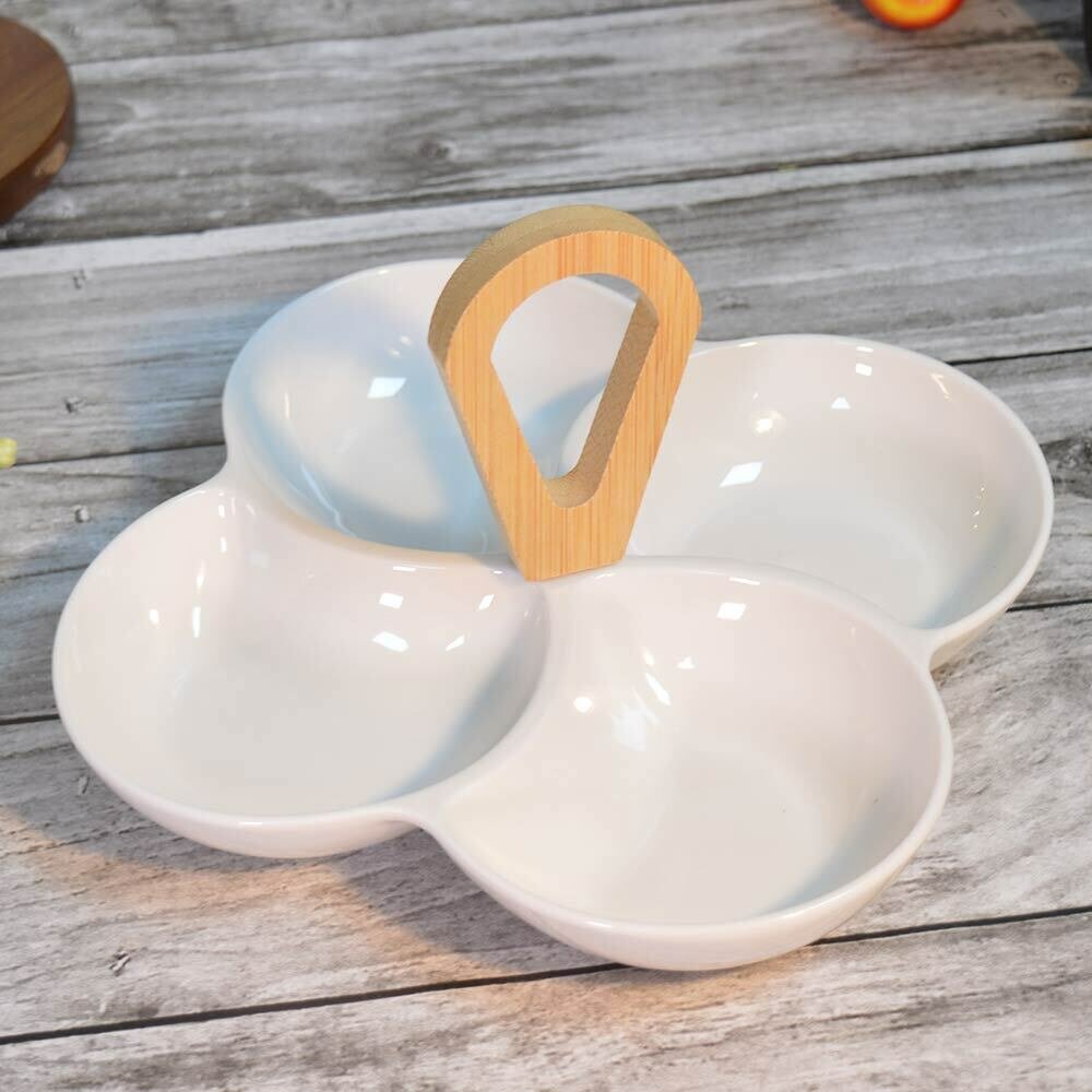 Менажница 4 секции с бамбуковой ручкой, фарфор, 20 см, для сервировки