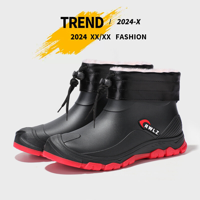 Модные водонепроницаемые мужские резиновые ботинки в корейском стиле, короткие сапоги, городская обувь для ходьбы по воде, обувь для мотоциклистов, грязеотталкивающие забродные ботинки черного цвета.