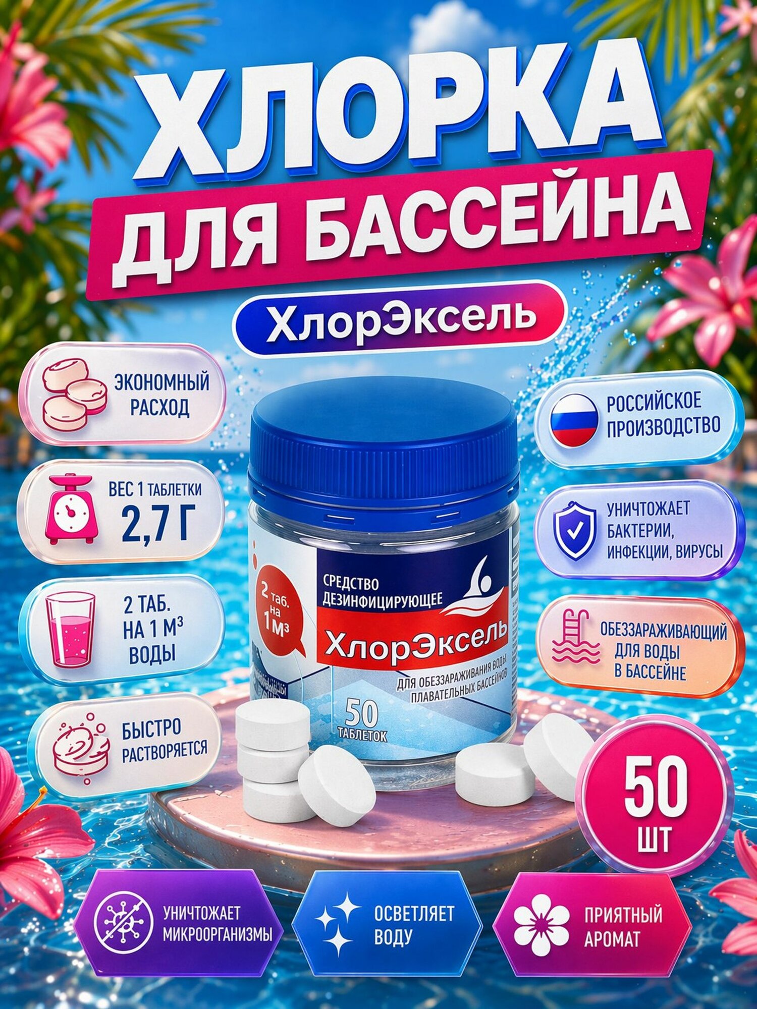 Таблетки для бассейна по 2,7 гр. (быстрый хлор) 0,135 кг ХлорЭксель (дезинфектор). Химия для бассейна хлорные таблетки 2.7 г дезинфекция воды таблетки хлора для бассейна