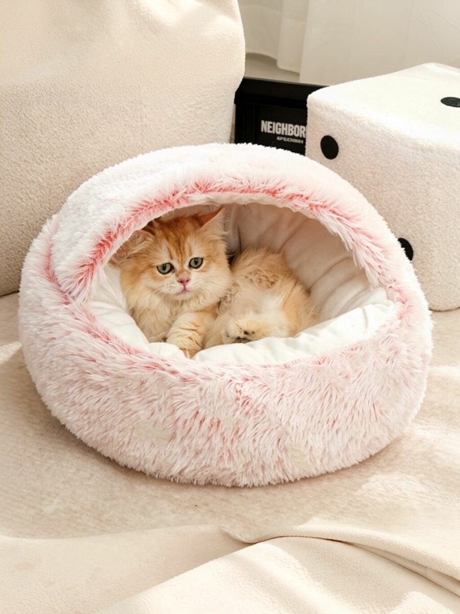 Плюшевая лежанка для кошек ракушка для мелких собак, полуоткрытое теплое гнездо с нескользящей подошвой, две модели: осенне-весенняя и зимняя утепленная для кошек и собак полуоткрытая нескользящая утепленная зимняя осенне-весенняя