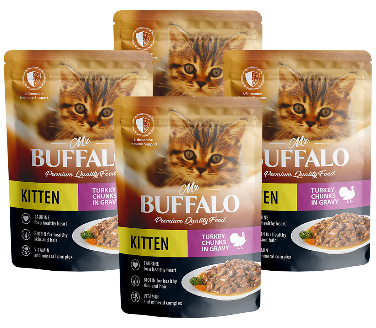 Влажный корм Mr.Buffalo Kitten Turkey для котят с индейкой на пару в соусе пауч, 85 гр х 4 шт