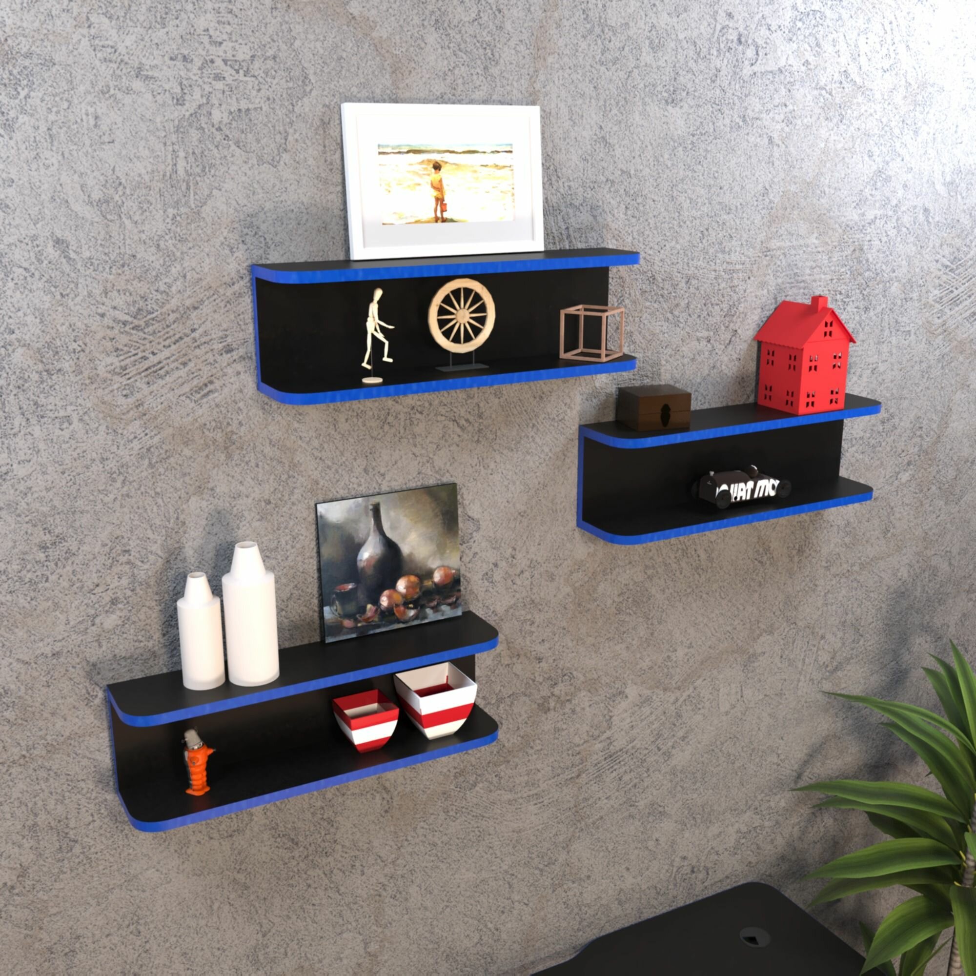 Полка настенная Молл, чёрная с синей кромкой