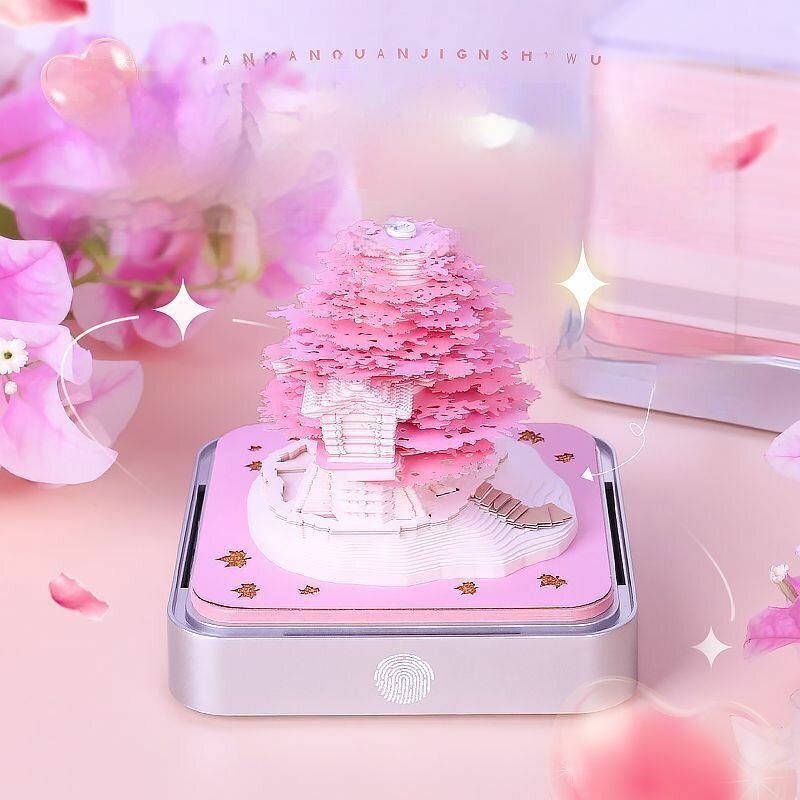 2024 Новый год, 3D Модель Календарь-Английская версия-Дом на розовом дереве, с подсветкой, Креативный подарок