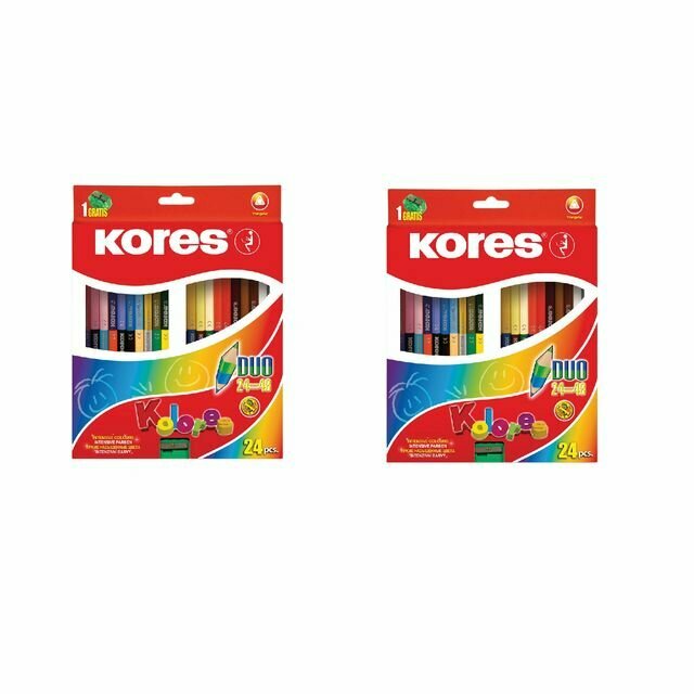 Kores Карандаши цветные 48 цветов, 24 шт, 3-х гранные, двусторонние с точилкой, 2 уп.