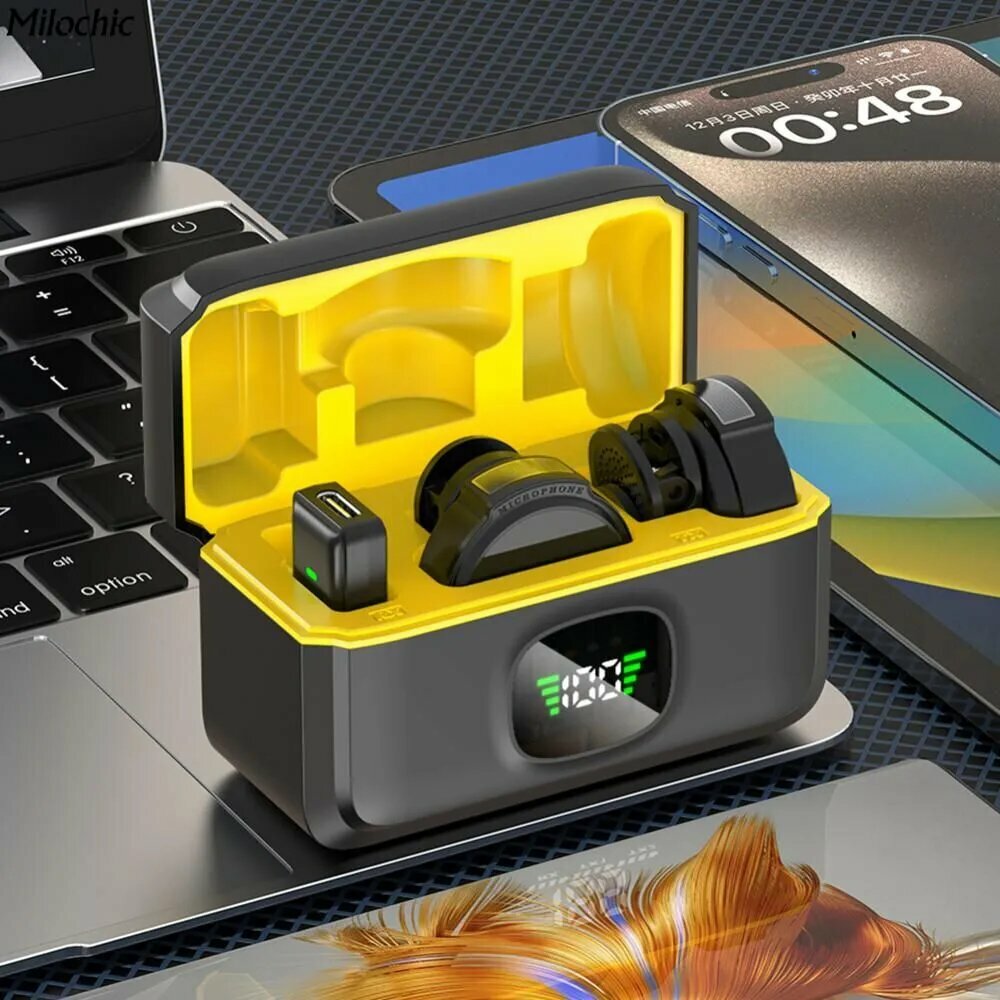 Milochic Микрофон универсальный Беспроводной круглый мини-микрофон с зажимом для подвешивания на шее, с цифровым дисплеем питания, зарядным отсеком, интеллектуальным шумоподавлением, черный, желтый