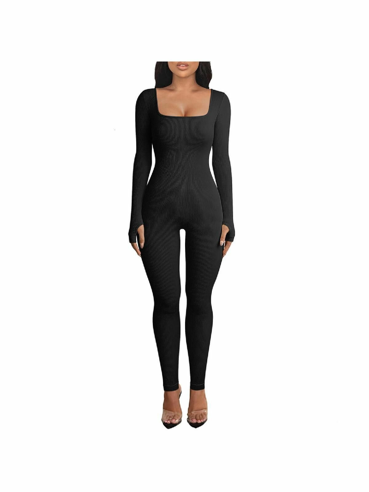 Женский комбинезон с длинным рукавом и квадратным вырезом, облегающий, однотонный, Черный - S