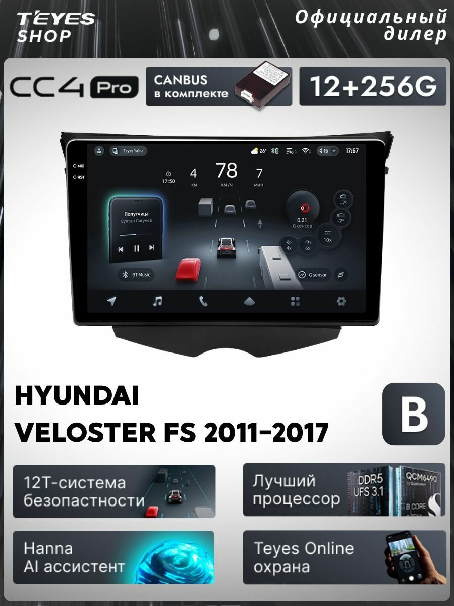 Магнитола Hyundai Veloster FS 2011-2017 (Комплектация B) Teyes CC4 Pro 12/256GB, штатная магнитола, 8-ми ядерный процессор, QLED экран, 2 DSP, 4G, Wi-Fi, 2 DIN
