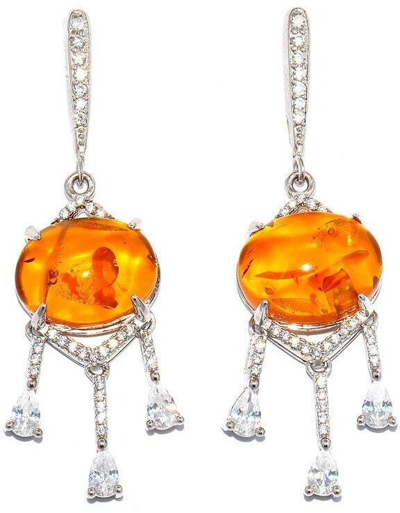 Серьги, серебро, 925 проба, янтарь, фианит