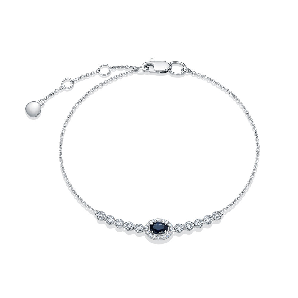 Браслет-цепочка, белое золото, 585 проба, родирование, сапфир