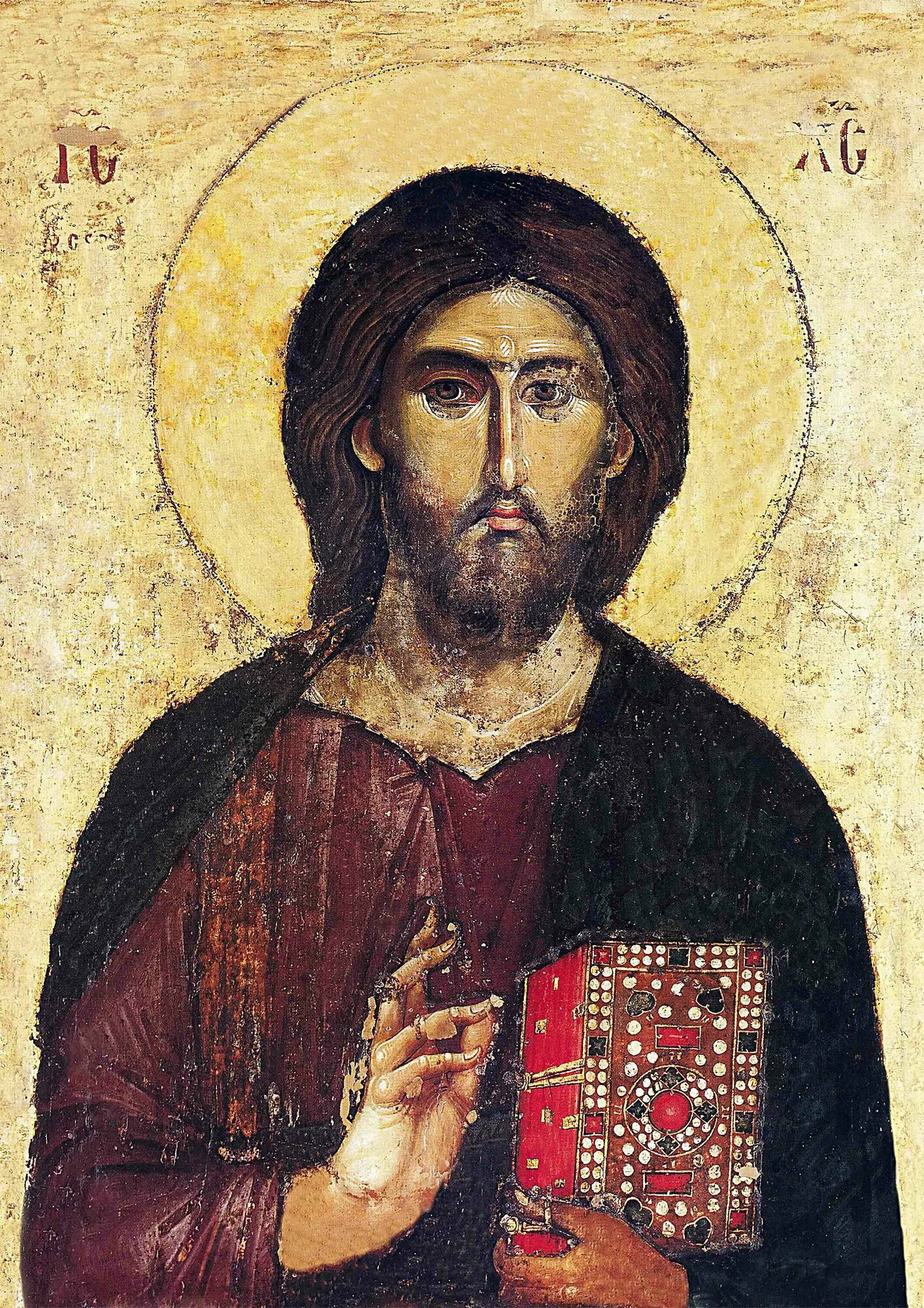 Икона древняя Иисус Христос Пантократор /Вседержитель/, Холст с подрамником из дерева сосны 30 на 40 см, уникальная, мистическая икона 1260 г, с уникальным, древним изображением Христа