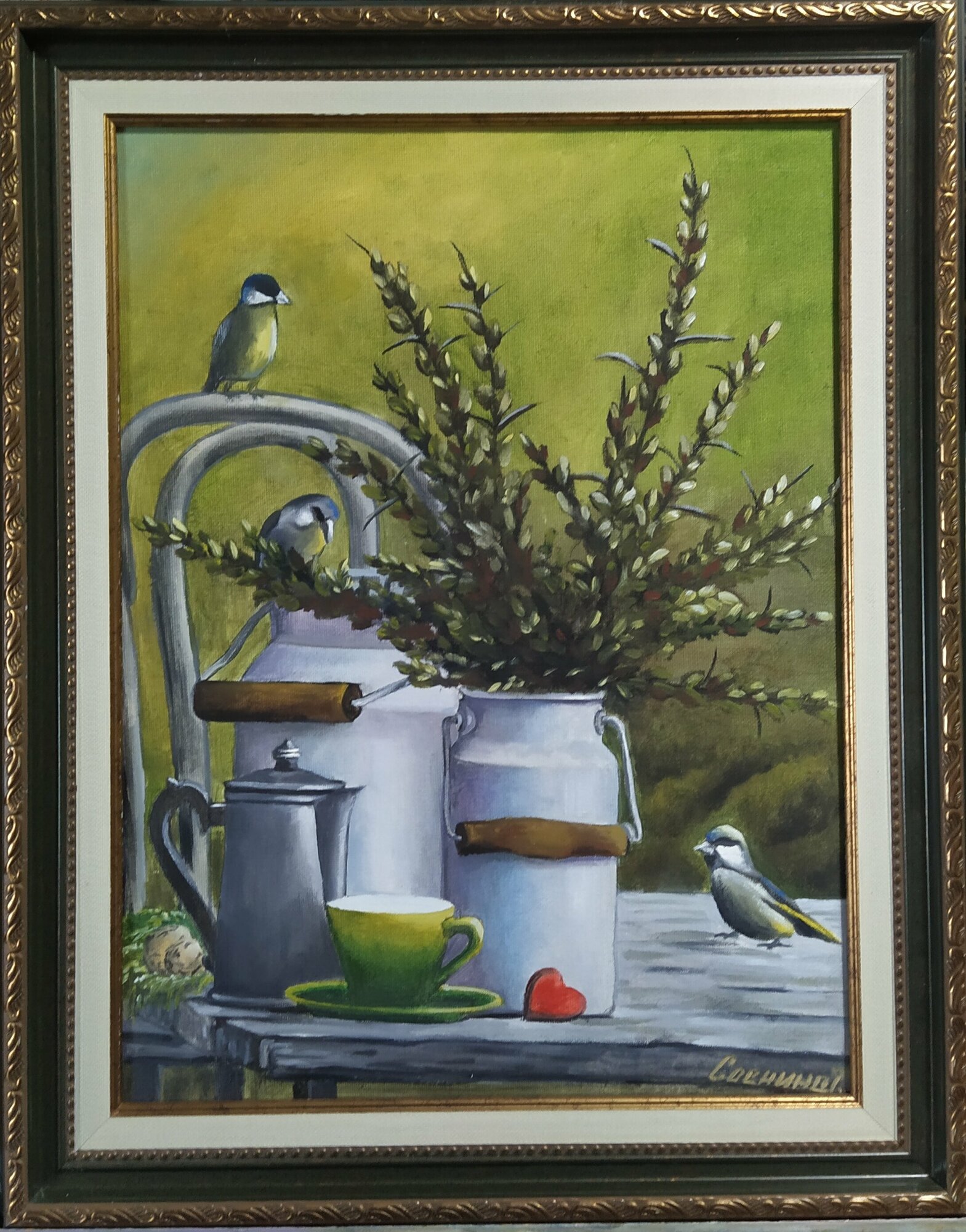 Картина маслом ручной работы, натюрморт "Натюрморт с синичками", 2021 г, 41*30 см, Соснина Татьяна, магазин Три сосны.