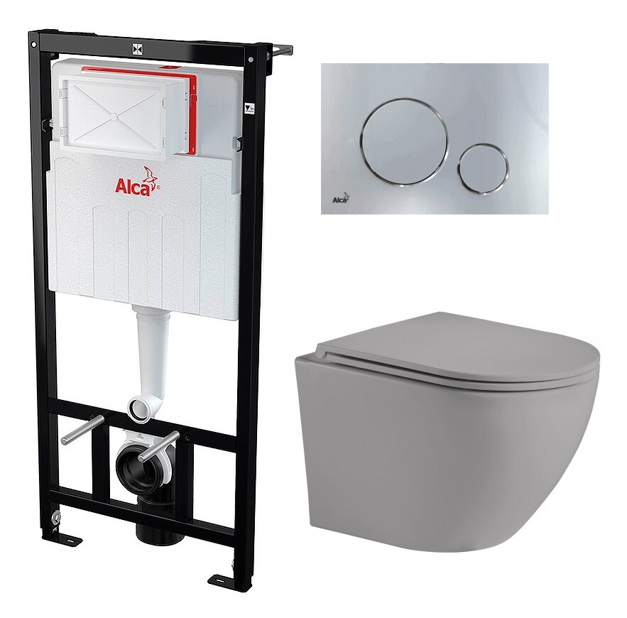 Комплект 3 в 1 инсталляция AlcaPlast + Унитаз подвесной Weltwasser WW Merzbach 043 MT-GR + кнопка хром