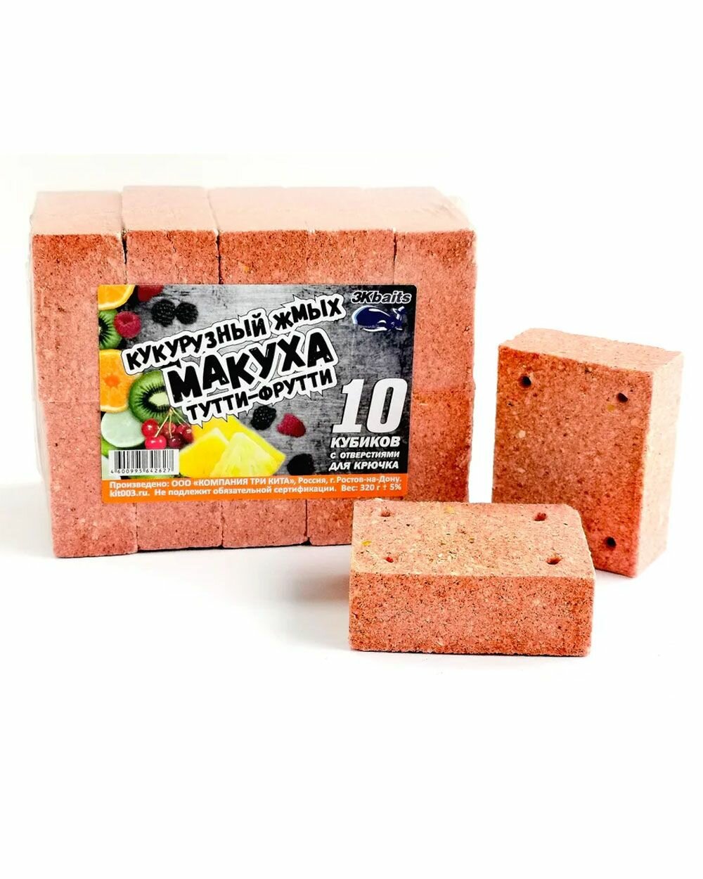 Кукурузный жмых-макуха с отверстиями для крючка "Тутти-Фрутти" 10 кубиков / 320г