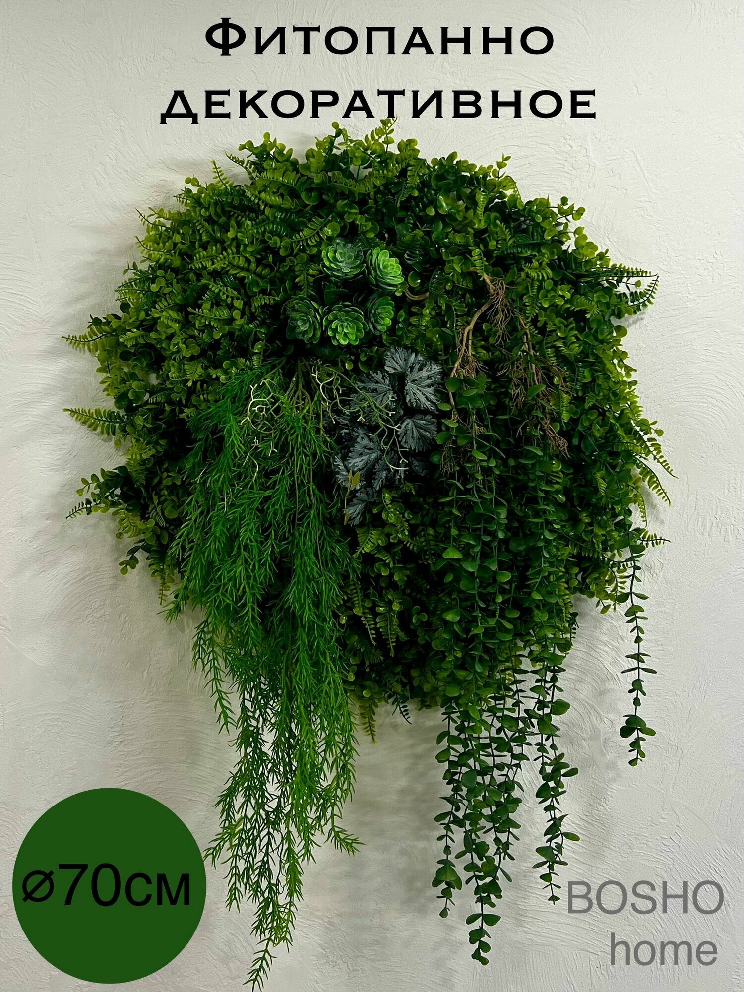 Фитопанно круглое из декоративных PREMIUM ампельных лиан и суккулентов диаметром 70 см