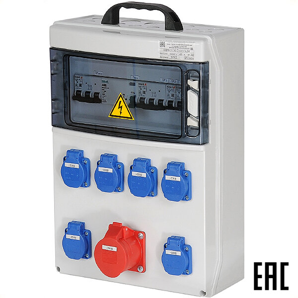 Щит ЩР0-3136-7-44УХЛ4 40А переносной с ручкой IP44 с розетками 6шт. х220В-16А+1шт. х380В-16А