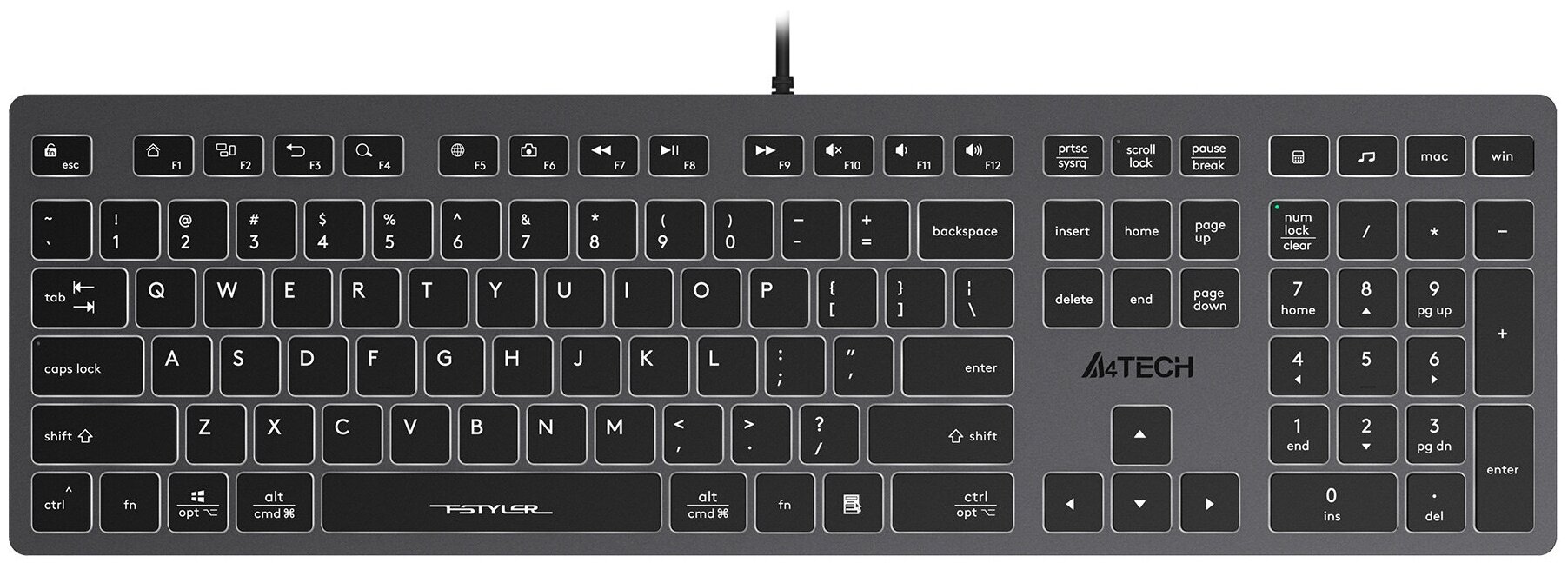 Клавиатура A4Tech Fstyler FX60, русские и английские буквы, серый (fx60 grey / white)