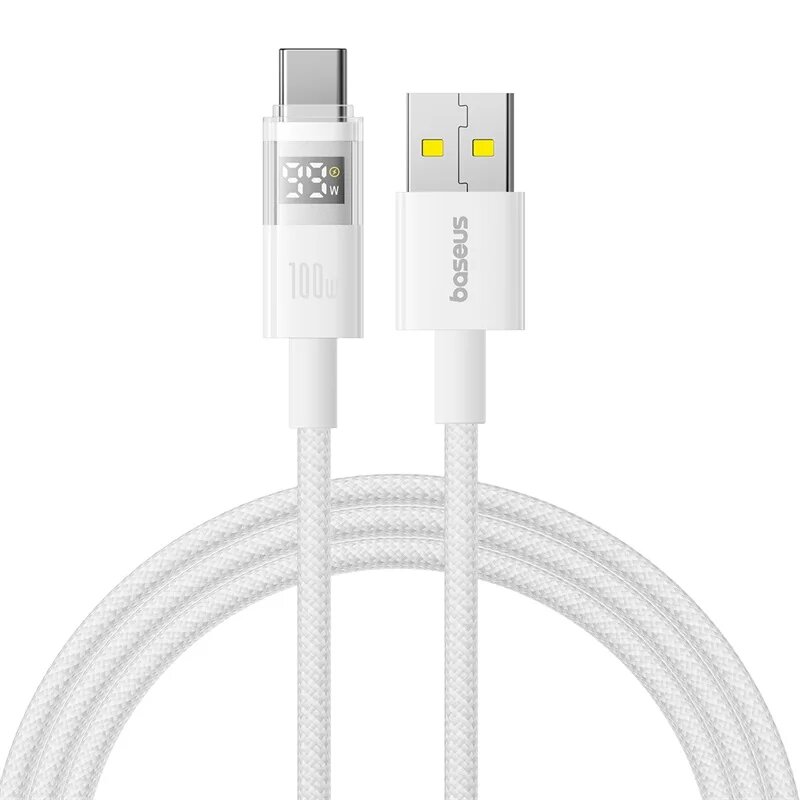 Baseus USB-C кабель 1 м, белый, 100 Вт, с дисплеем