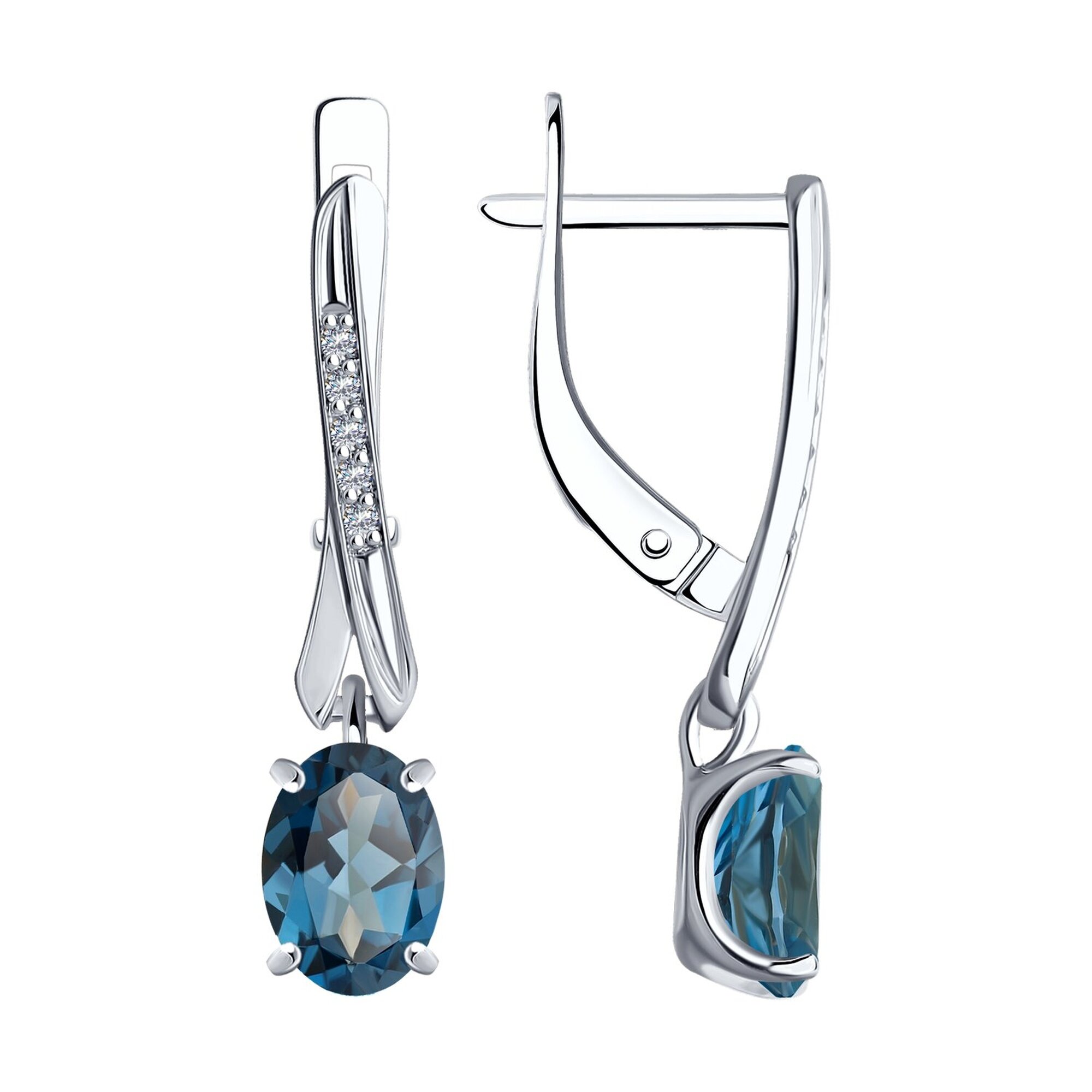 Серьги, белое золото, 585 проба, Лондон топаз, бриллиант