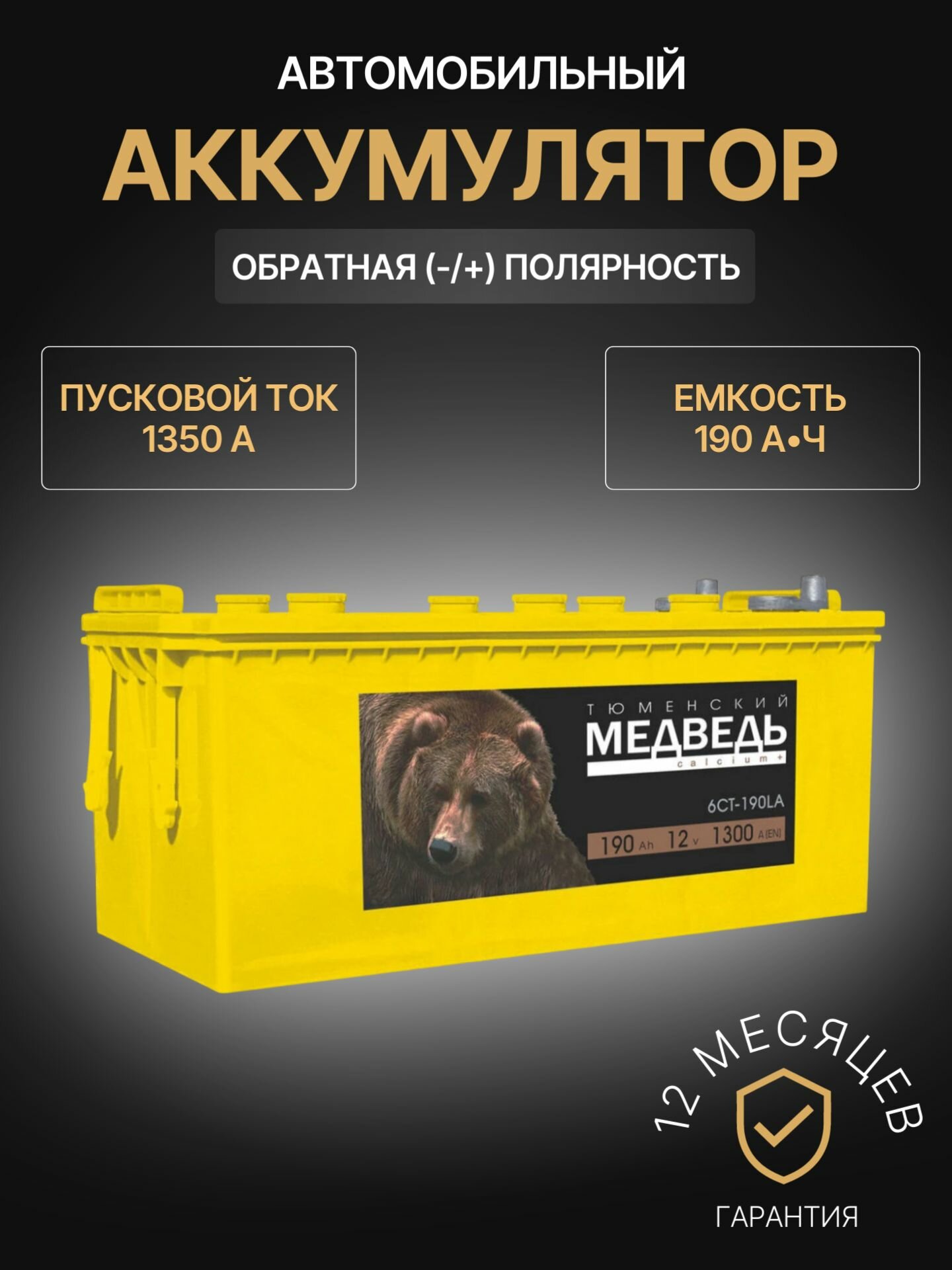 Аккумулятор автомобильный Тюменский Медведь 6СТ-190 R+ 12В 190Ач 1350А