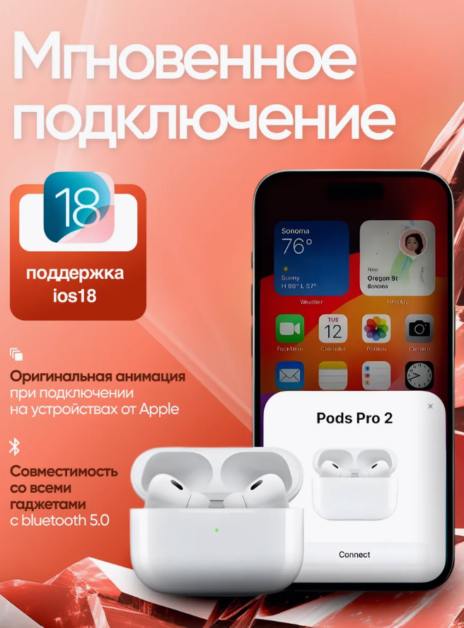 Беспроводные наушники A. Pods Pro 2 Premium для iPhone и Android/Сенсорные Bluetooth наушники с шумоподавлением/Белые