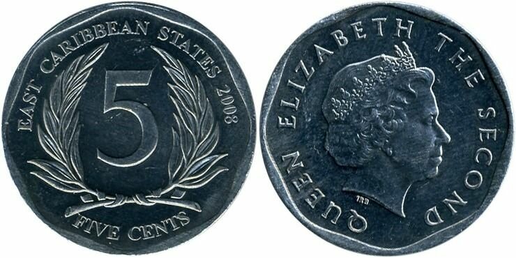 Восточные Карибы 5 центов, 2002-2022 Королева Елизавета II UNC