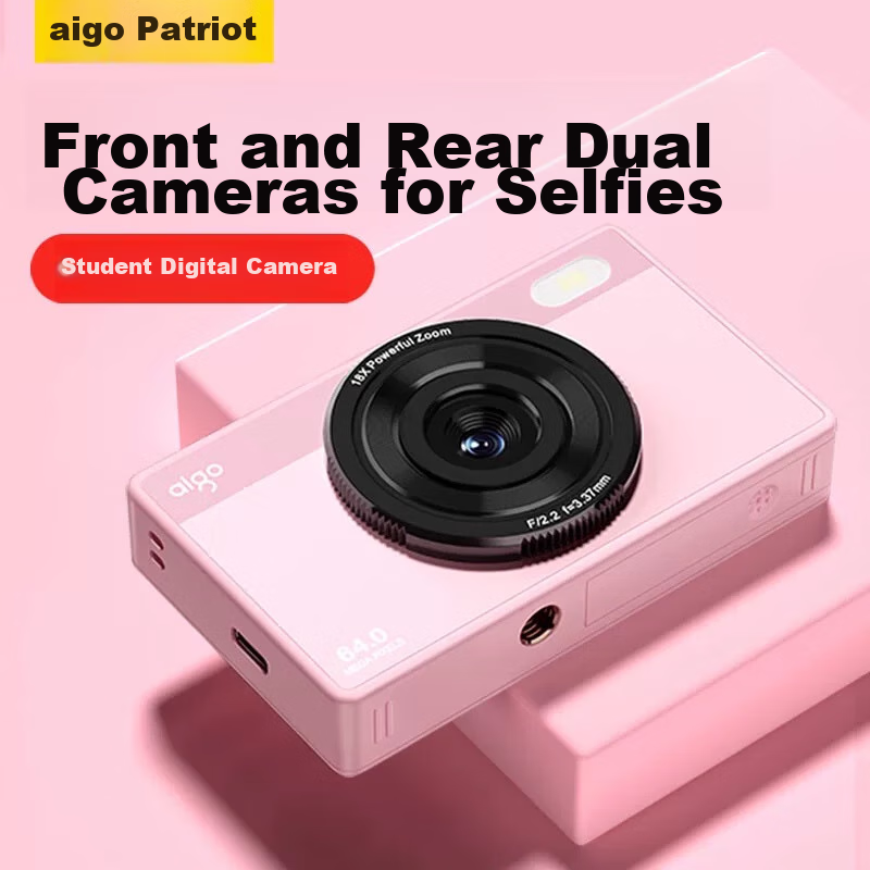 Aigo E6 Student Digital Camera for Women, Entry-Level High-Definition Retro Compact Point-And Camera, High-Definition Travel CCD Alternative, Front And Rear Dual Cameras for Selfies, 64GB Pink
