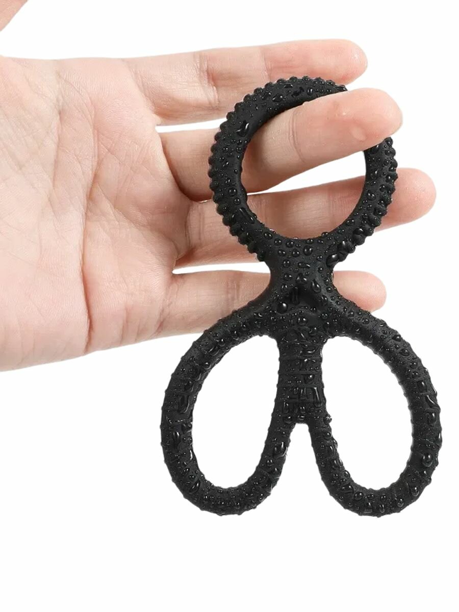 Тройное эластичное силиконое эрекционное кольцо для пениса и мошонки "BLACK SILICONE COCK RING AND BALL STRAP" 11см