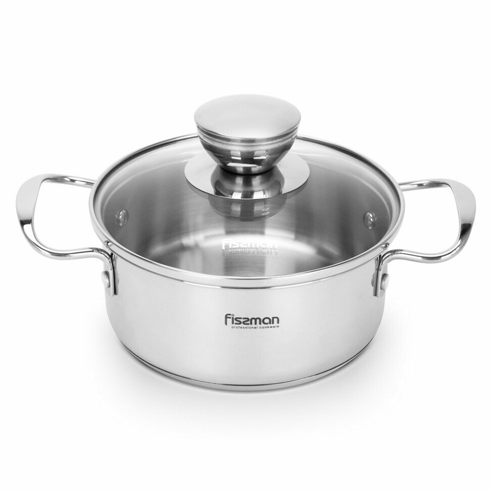 5506 FISSMAN Кастрюля MINI COOK 14x6см / 0,9л со стеклянной крышкой (нерж. сталь) Ручки-нерж. сталь; Крышка-стекло; Индукция