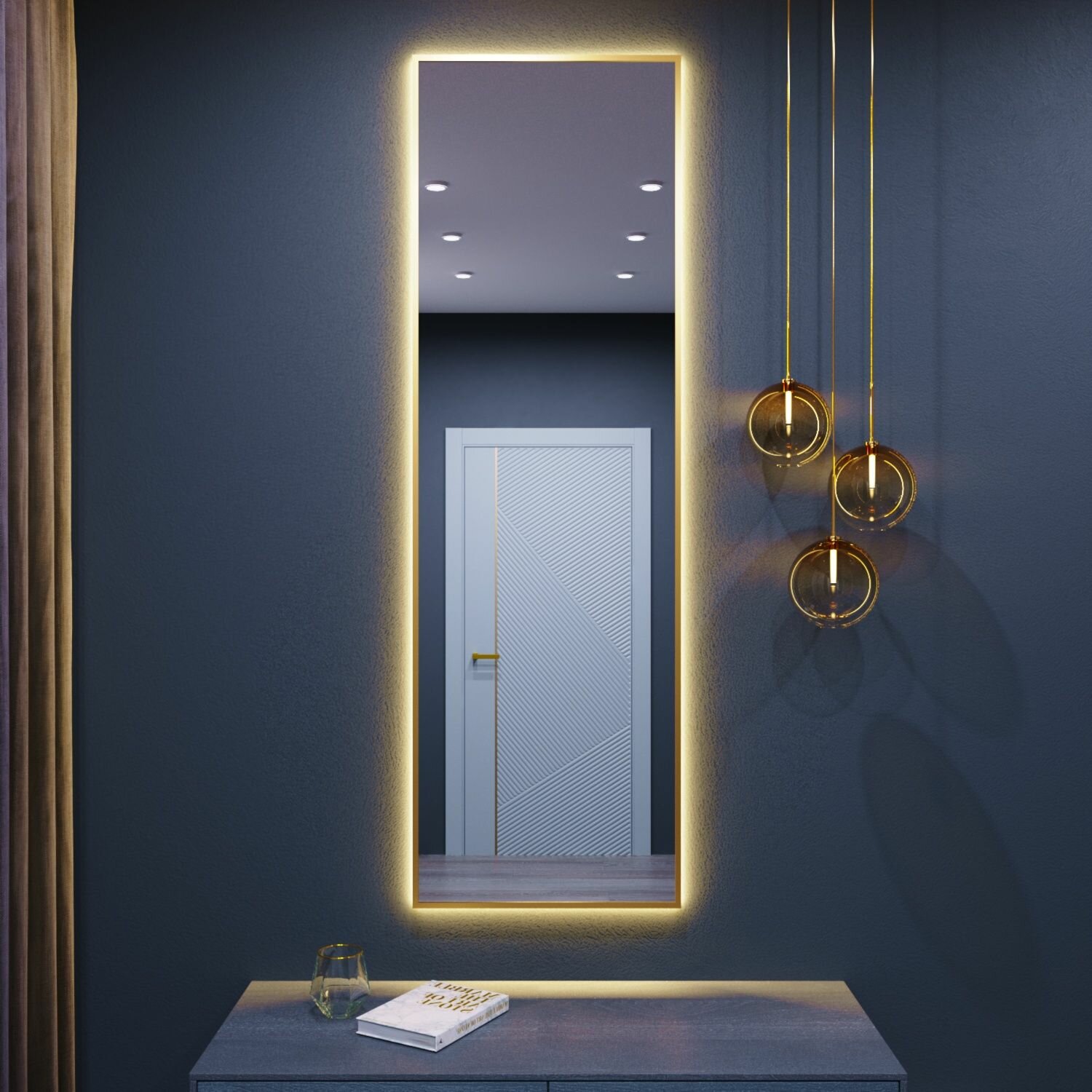 Зеркало настенное 150х40 см. BLX MIRROR с подсветкой в алюминиевой раме. Свет: Теплый белый 3000К, Золото