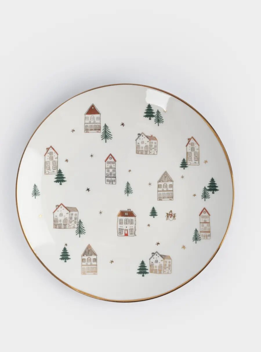 Тарелка закусочная, 19 см, фарфор N, бело-золотистая, Домики и ели, Townlet