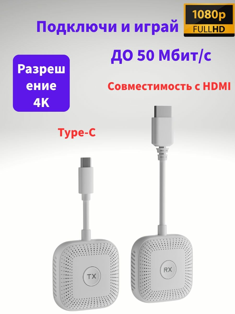 Беспроводной HDMI-передатчик Gehowesy, 1080P, Type-C, 50м, белый