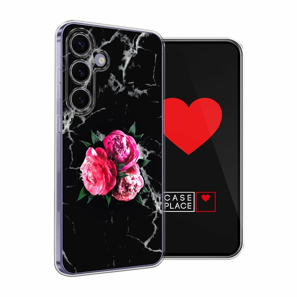 Чехол на Samsung Galaxy S24 Plus / Самсунг S24 Plus с принтом "Букет на черном мраморе" — фото 1